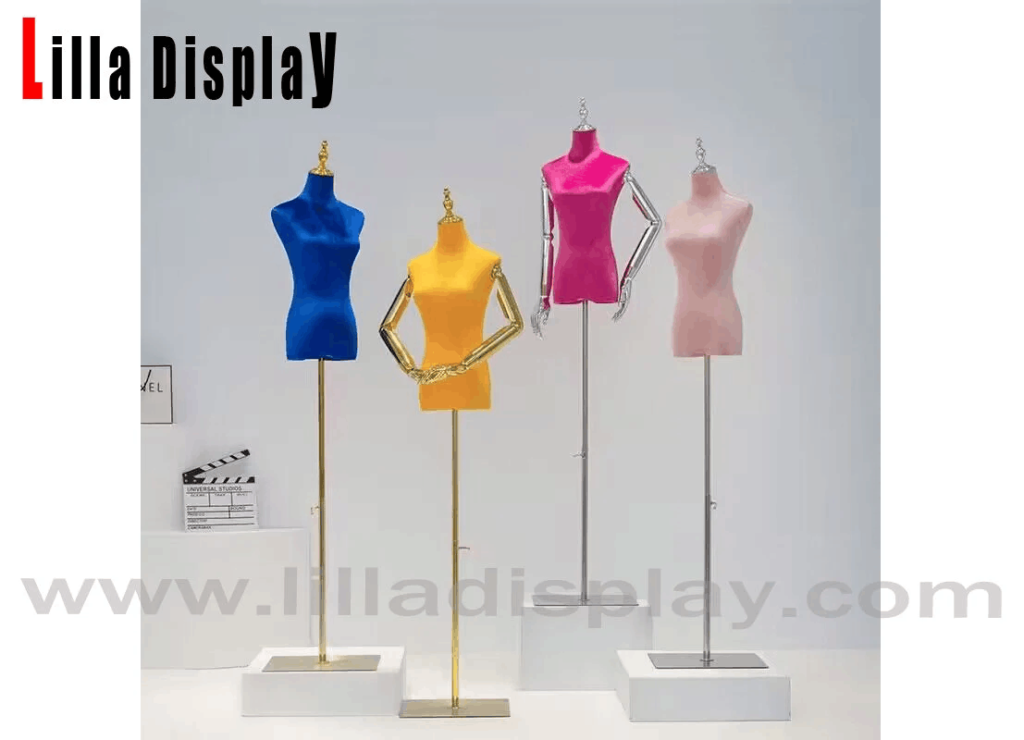 Adjustable Gold Square Base Velvet Female Mannequin Dress Form Torso Ann