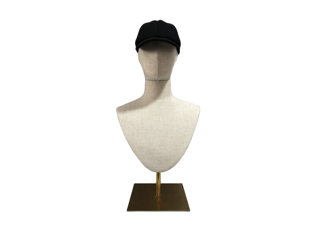 Adjustable Gold Base Linen Male Mannequin Head Bust Stand Andrew