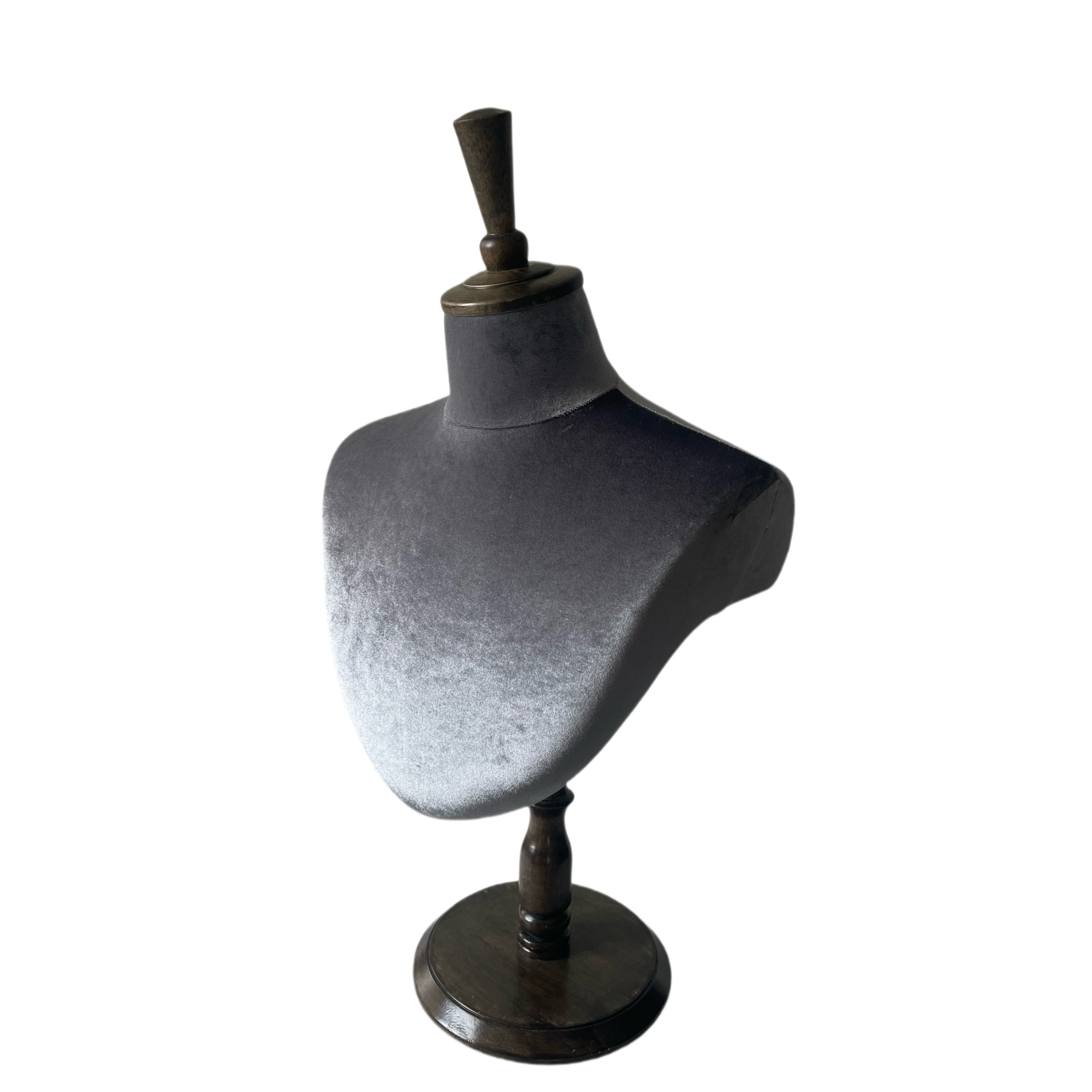 Dunkler Holzsockel, grauer Samt-Mannequin-Büstenständer Jonathan